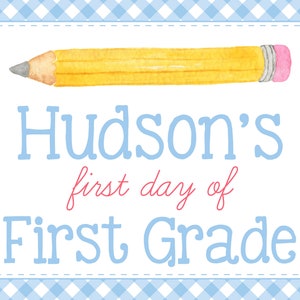 Blue Gingham Pencil Back to School Sign Watercolor Apple First Day of ...