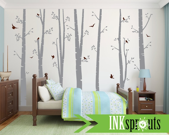 Birch Decal Set With Birds 7 Large Birch Trees Birch Decal | Etsy