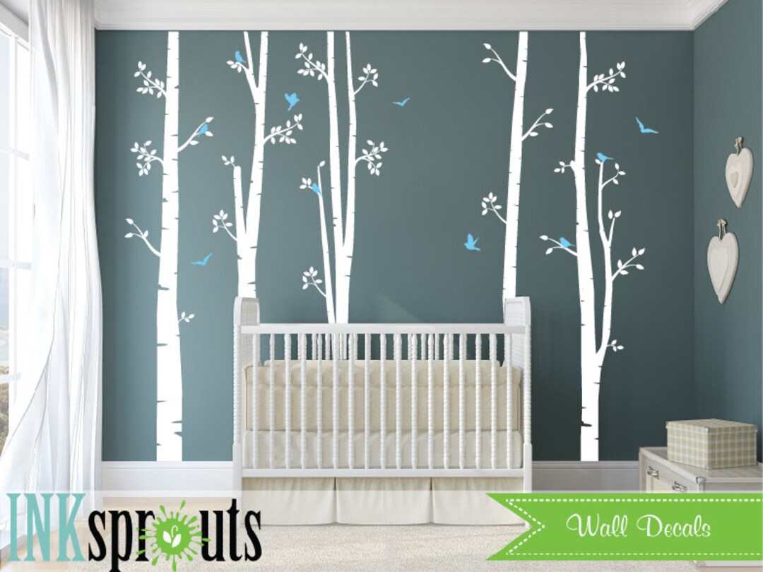 Birch Decal With Birds Large Set,5 Birch Decal, Birch Tree Set, Birch ...