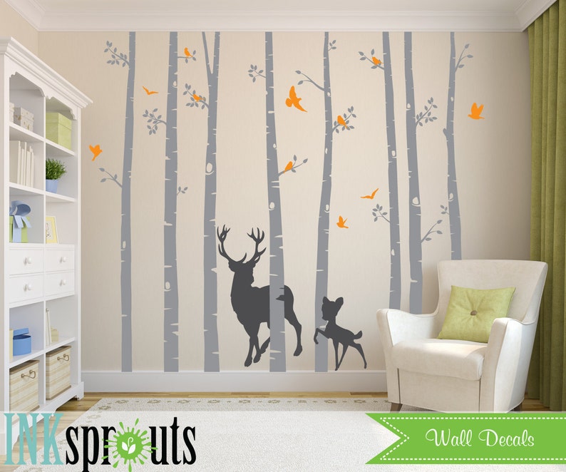 Birch Tree Decal With Deer and Birds Set of 8 Birch Trees - Etsy
