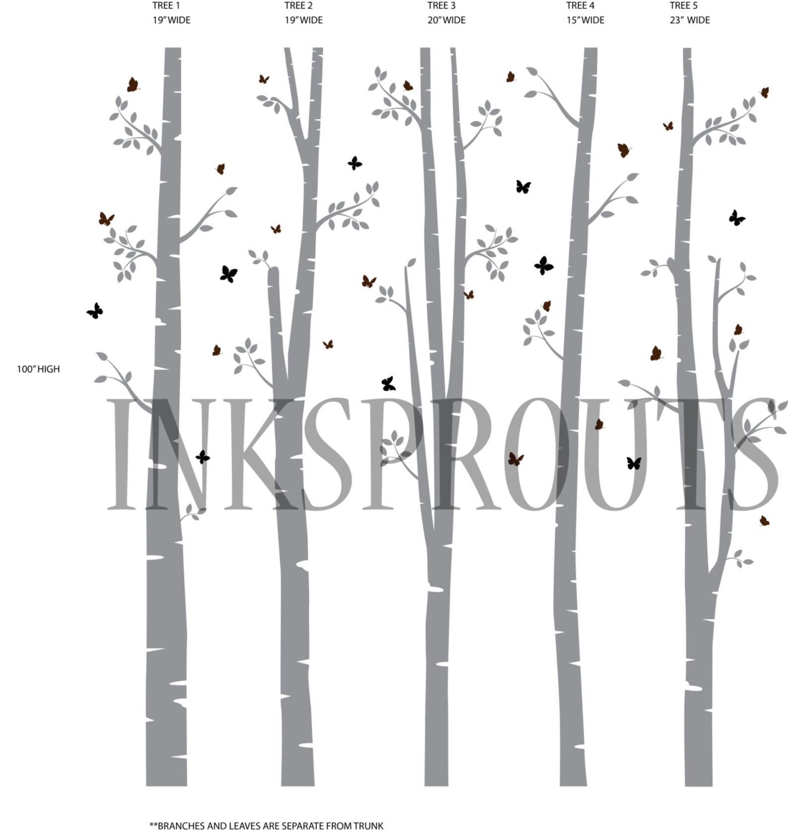 Set of 5 Birch Tree Decal With Butterflies, Large Birch Set, Birch Tree ...