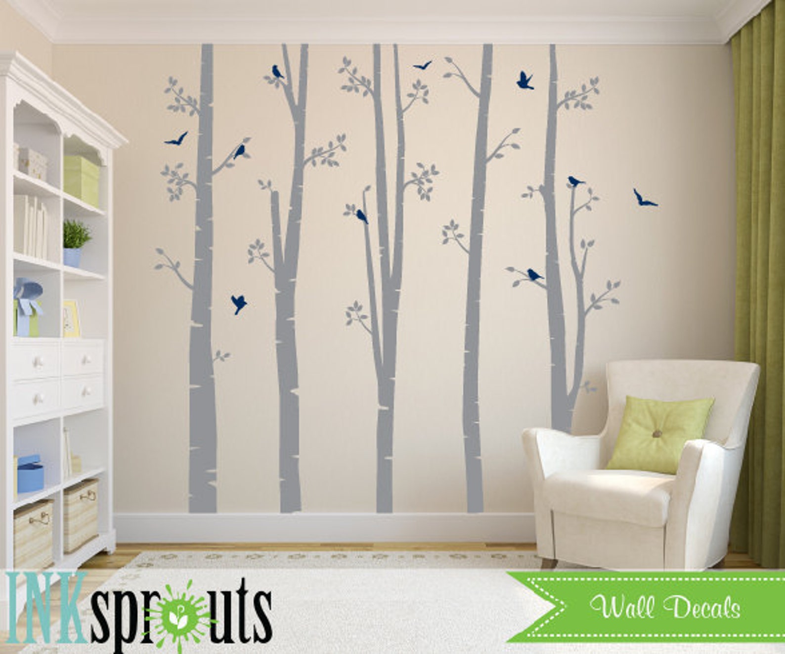 Birch Decal With Birds Large Set5 Birch Decal Birch Tree - Etsy