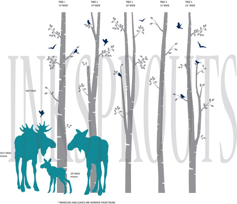 Birch Decal With Moose Family, 5 Birch Decal Set, Birch Tree Set, Moose ...