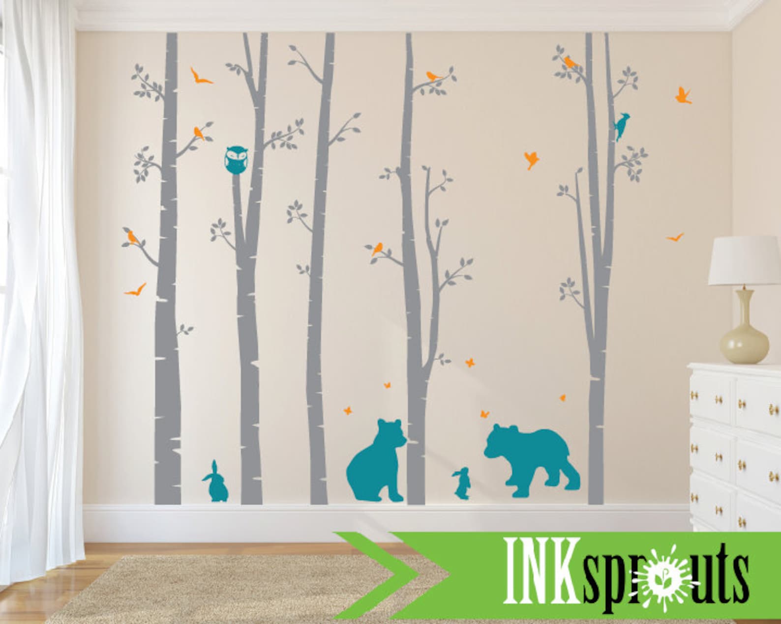 Birch Decal With Woodland Animals ,5 Birch Decal, Bear Decal, Bunnies ...