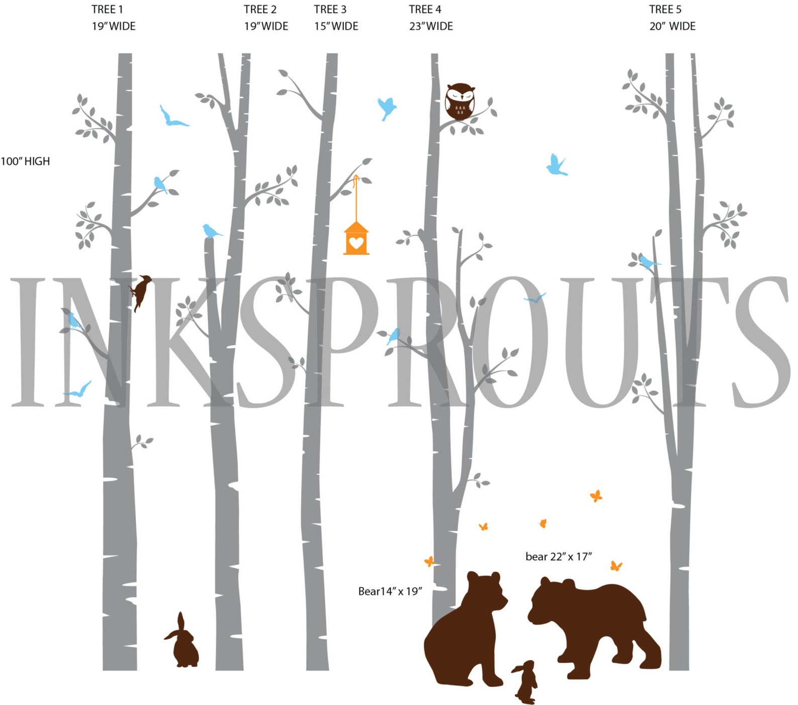 Birch Decal With Woodland Animals ,5 Birch Decal, Bear Decal, Bunnies ...