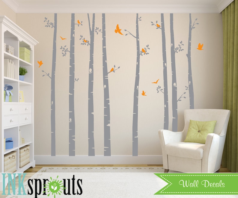 Birch Tree Decal With Flying Birds Set of 8 Trees Large | Etsy