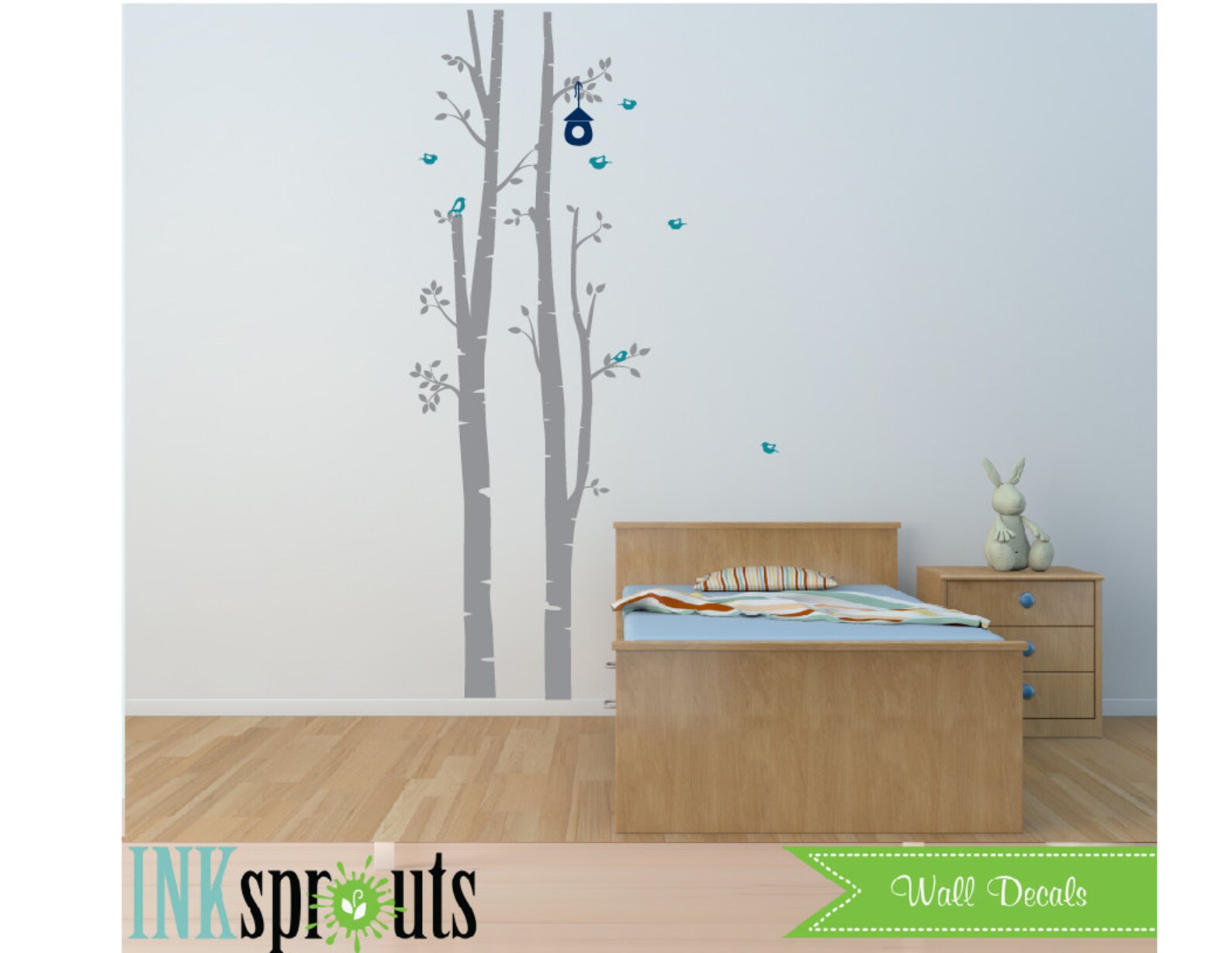Birch Decal With Birds 2 Birch Decal Birch Tree Set Birch | Etsy