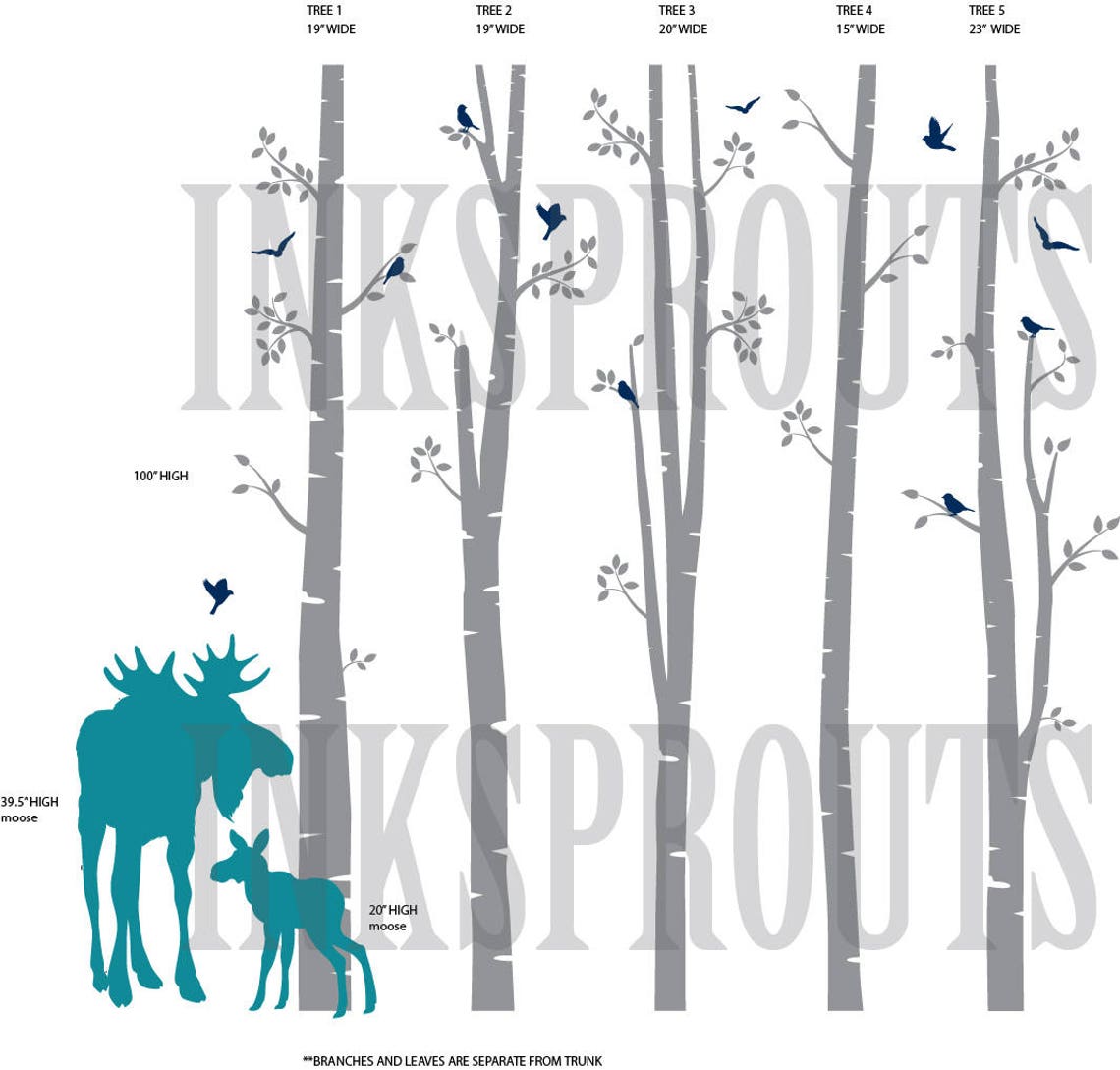 Birch Decal With Moose 5 Birch Decal Set Birch Tree Set | Etsy