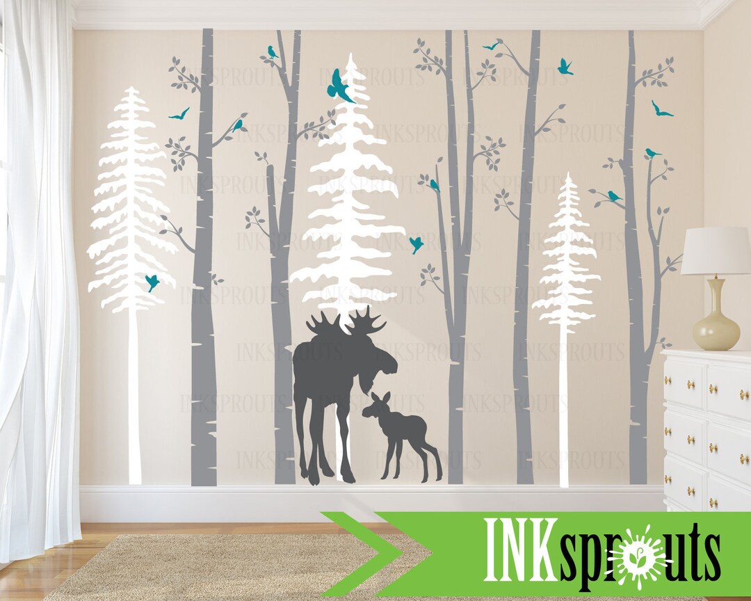 Birch Decal With Moose, 5 Birch Decal Set With Pine Trees, Birch Tree ...