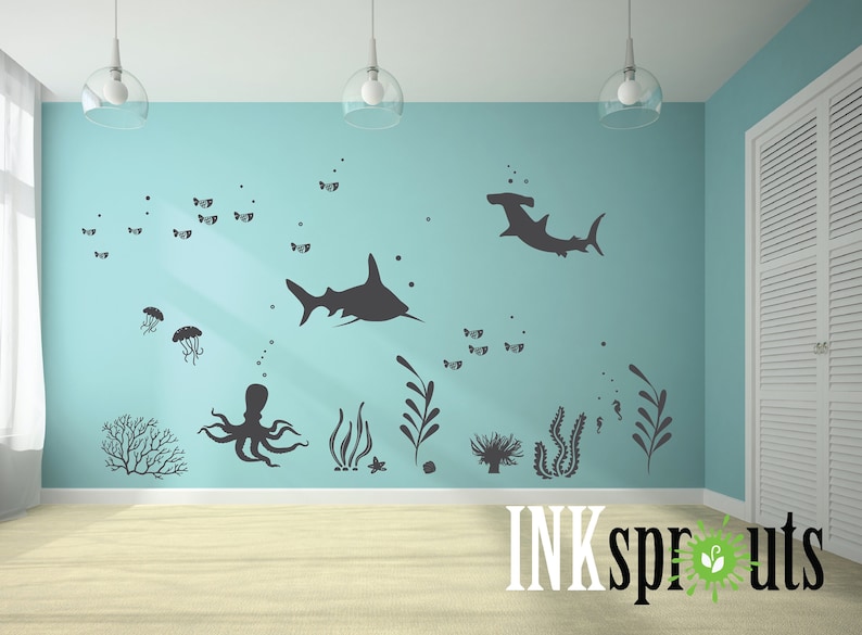 Under the Sea Room Decal 04, Ocean Theme Room, Whale Decal, Shark Room ...
