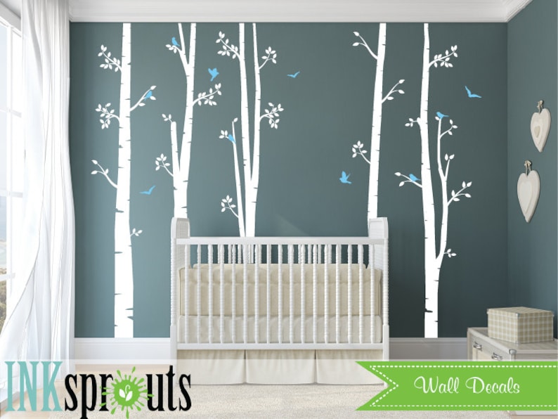 Set of 5 White Birch Tree Decal With Birds, Large Birch Set, Birch Tree ...
