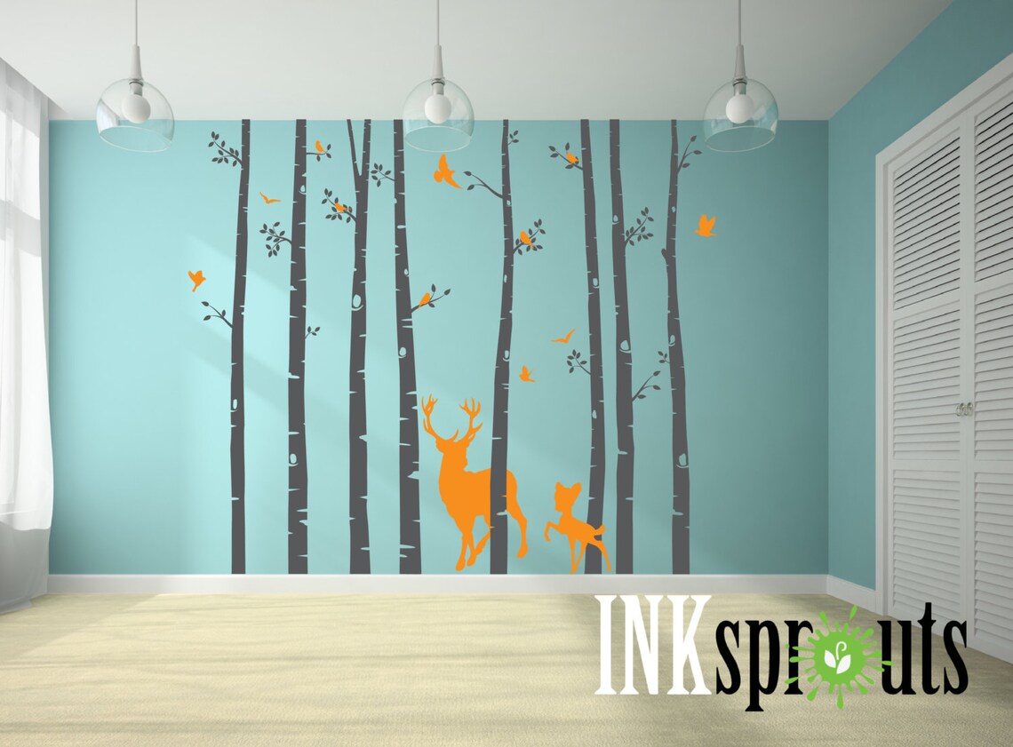 Birch Tree Decal With Deer and Birds Set of 8 Birch Trees - Etsy