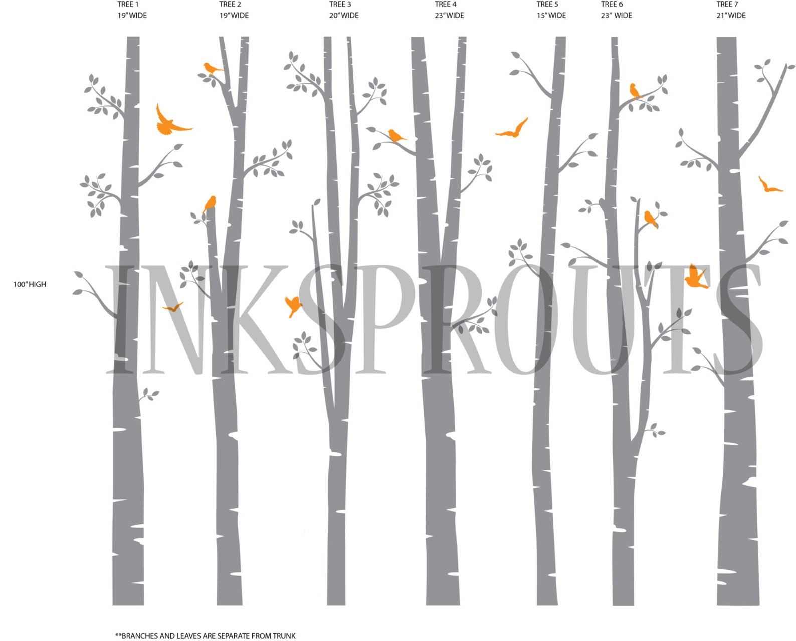 Birch Decal Set With Birds, 7 Large Birch Trees, Birch Decal, Birch ...