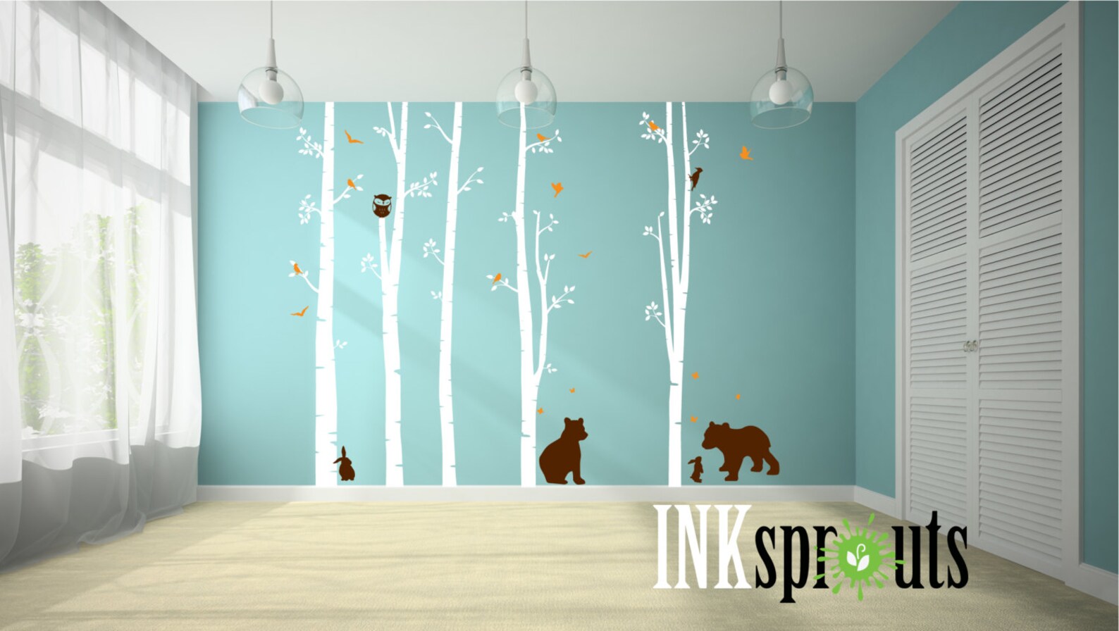 Birch Decal With Woodland Animals ,5 Birch Decal, Bear Decal, Bunnies ...