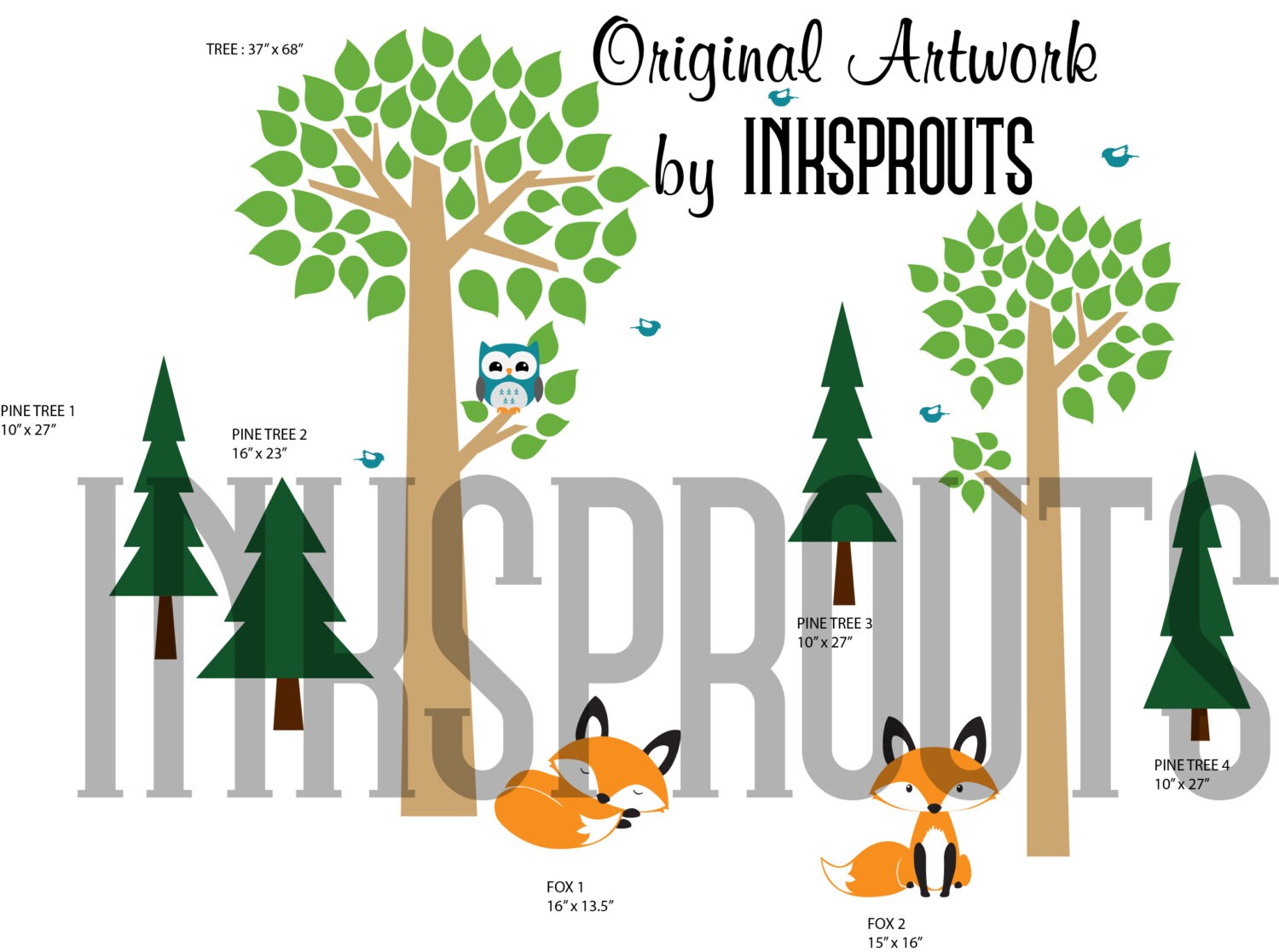 Forest Friends Wall Decal, Trees With Fox Decal, Cute Fox Decal ...