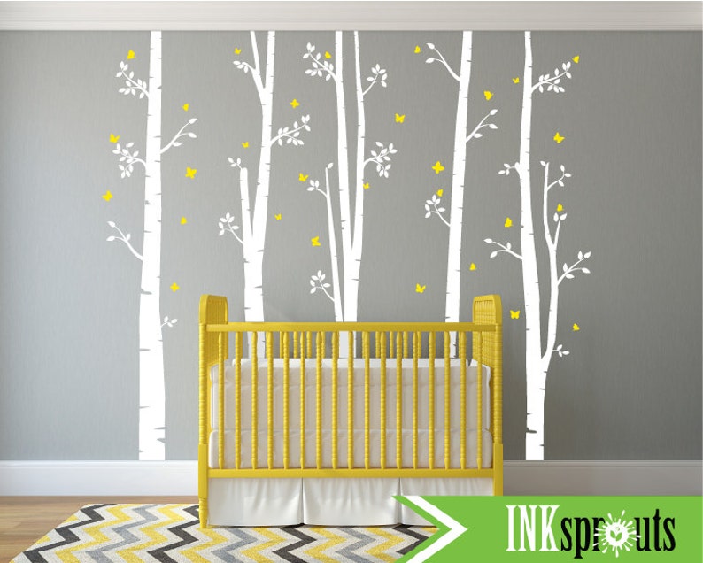 Set of 5 Birch Tree Decal With Butterflies, Large Birch Set, Birch Tree ...