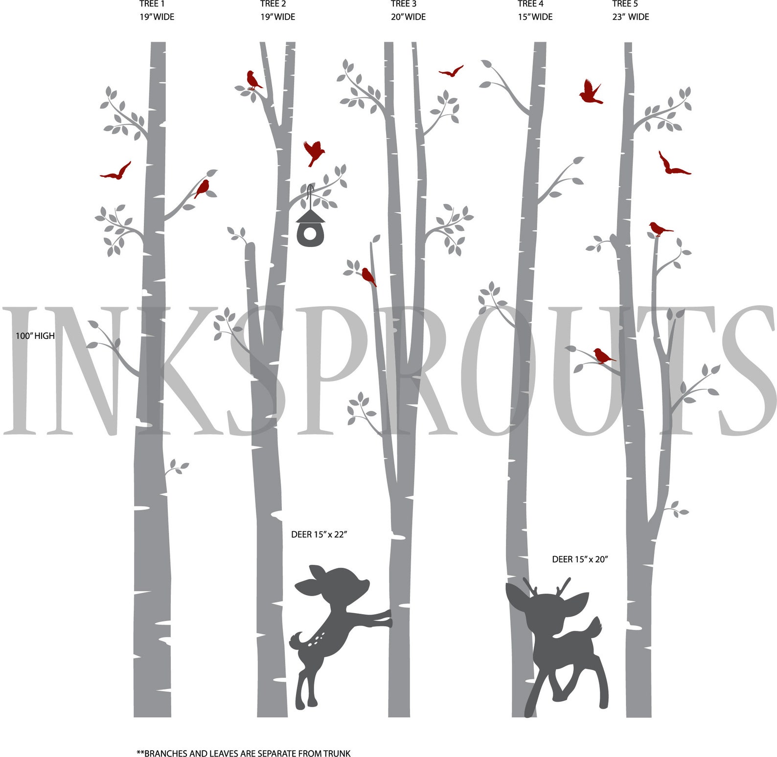 Birch Decal With Birds and Fawns ,5 Birch Decal, Baby Deer, Birch Tree ...
