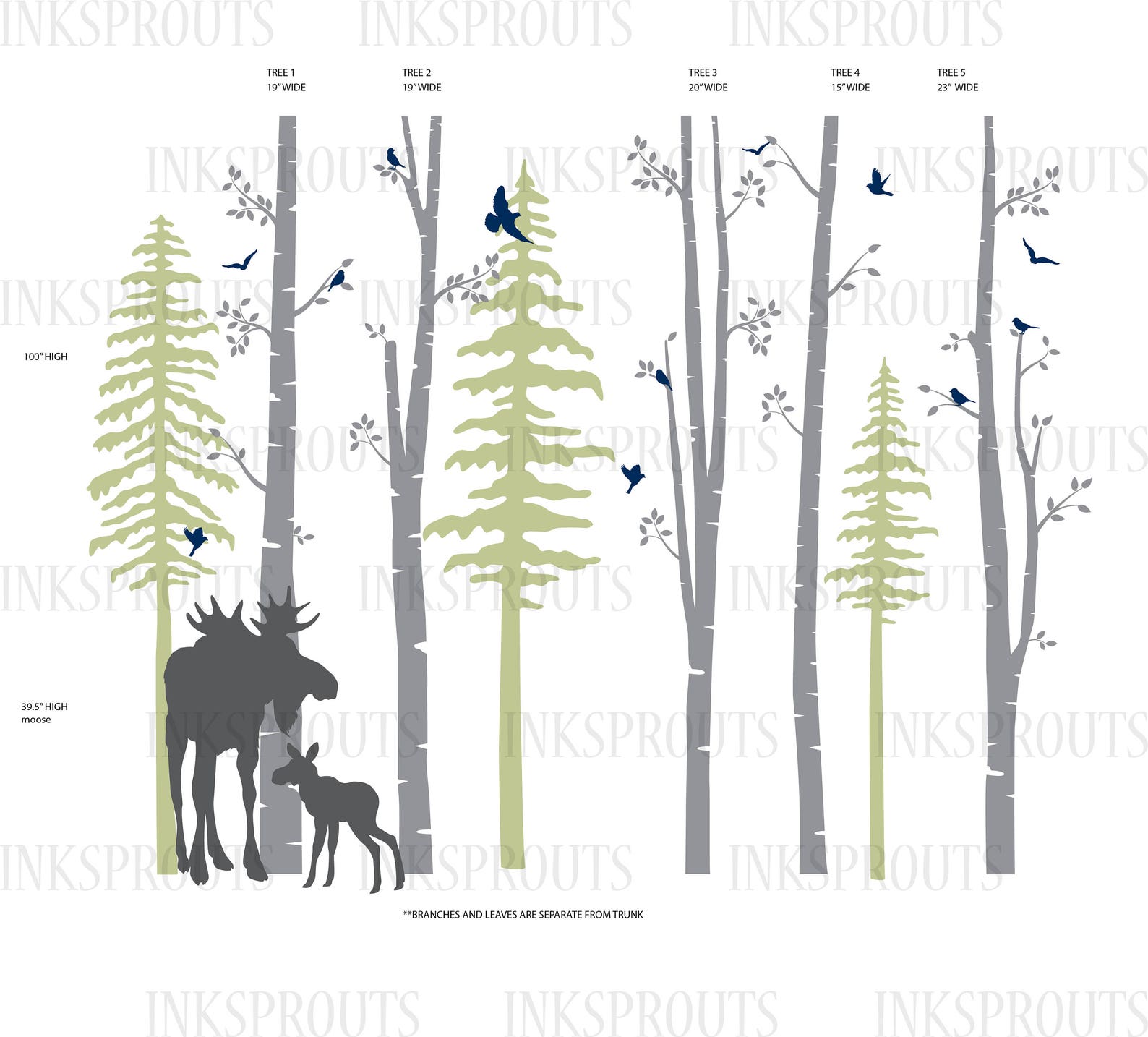 Birch Decal With Moose 5 Birch Decal Set With Pine Trees | Etsy