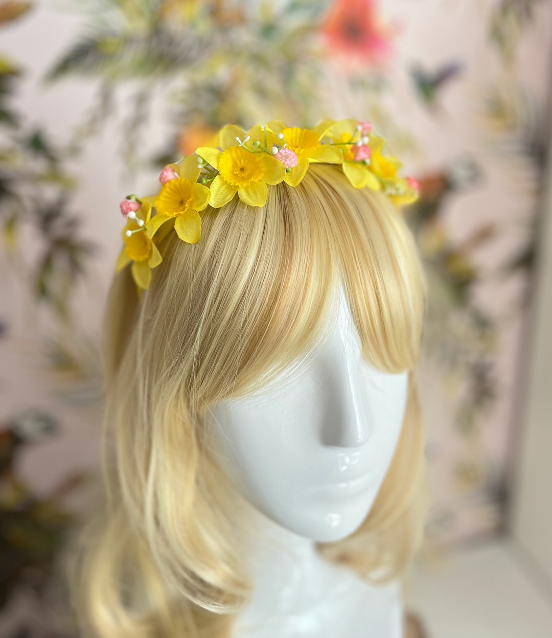 Daffodil & Pink Gyp Artificial Flowers Hair Accessory on a Satin ...