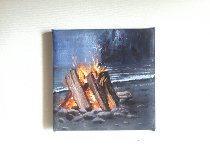 Small campfire print print on canvas tiny painting small | Etsy