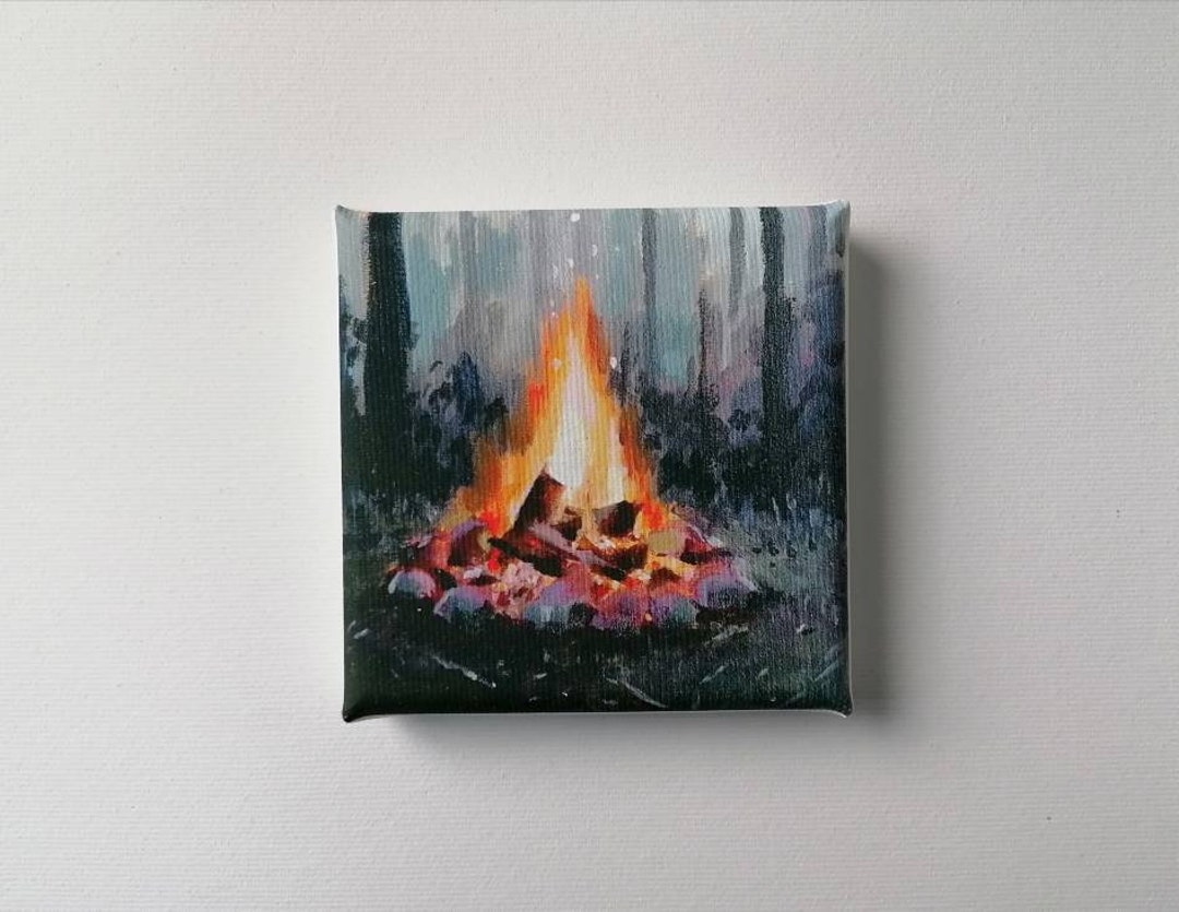Small Campfire Print, Print on Canvas, Tiny Painting, Small Canvas ...