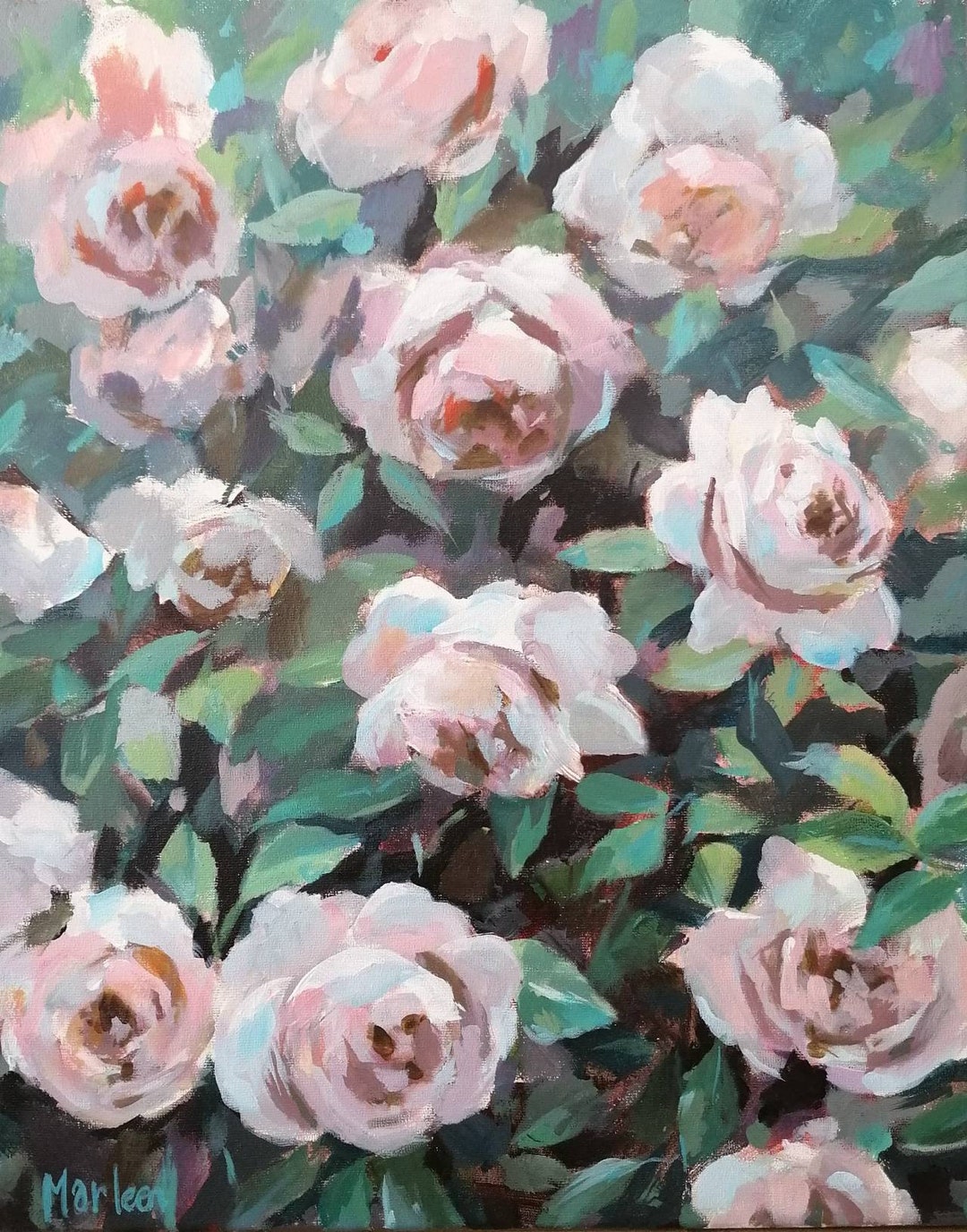 Garden Roses, Original Acrylic Painting, Floral Painting, Pink Flowers ...