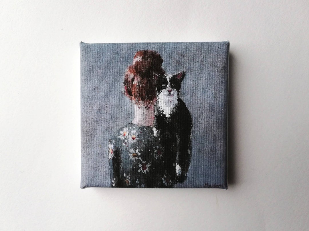 Small Cat Print, Cat Painting, Woman Portrait, Woman Cat Print ...