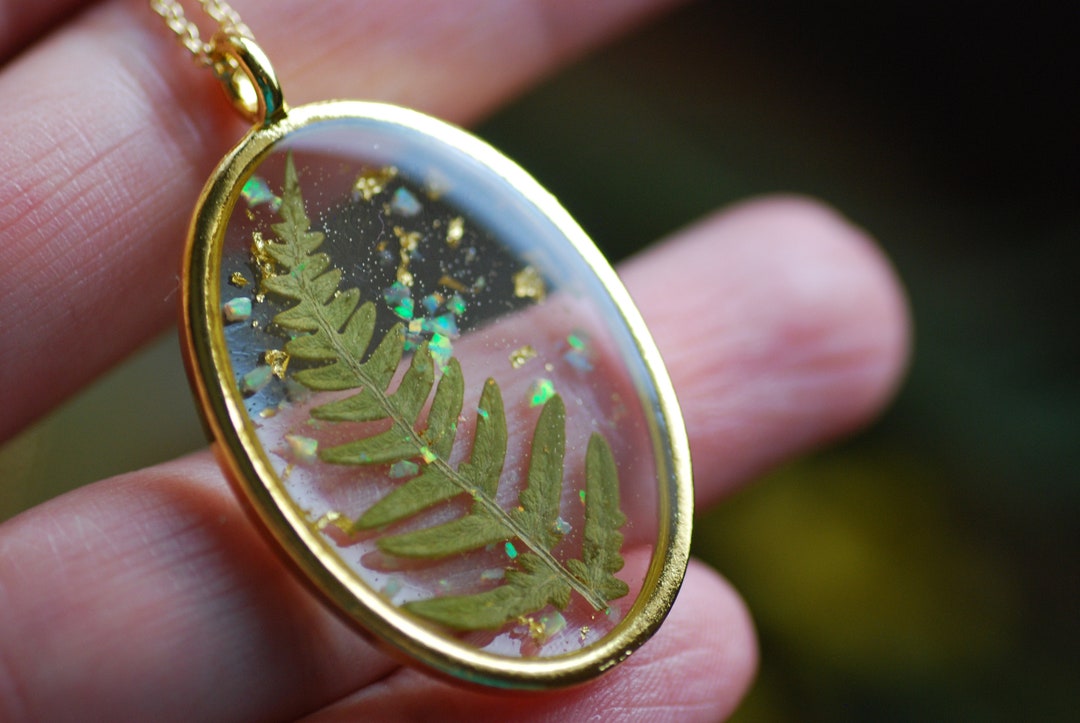 Real Fern Resin Necklace With White Opal: Botanical Green Pendant - Etsy