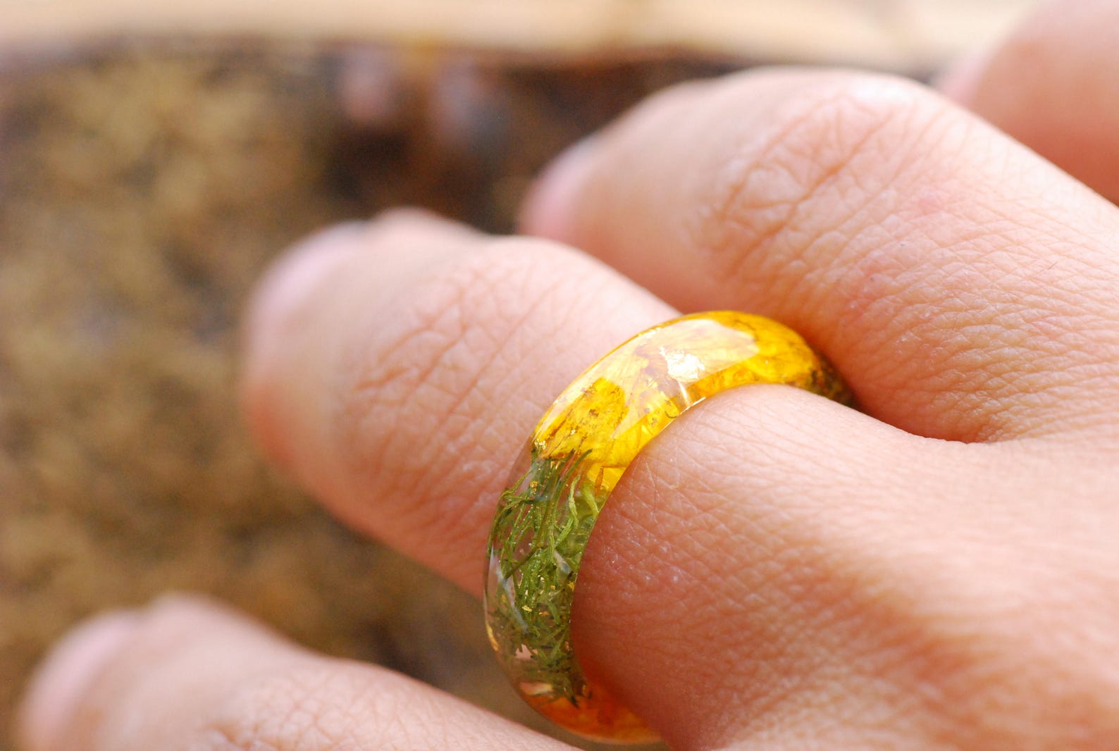 Pressed Flower Ring, Botanical Ring, Yellow Flower Ring, Green Plant ...