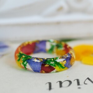 Colorful Resin Ring, Multicolored Flower Ring, Vibrant Ring, Pressed ...