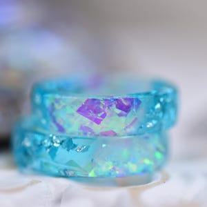 Iridescent Blue Resin Ring, Faceted Ice Band With Silver Flakes, Aurora ...