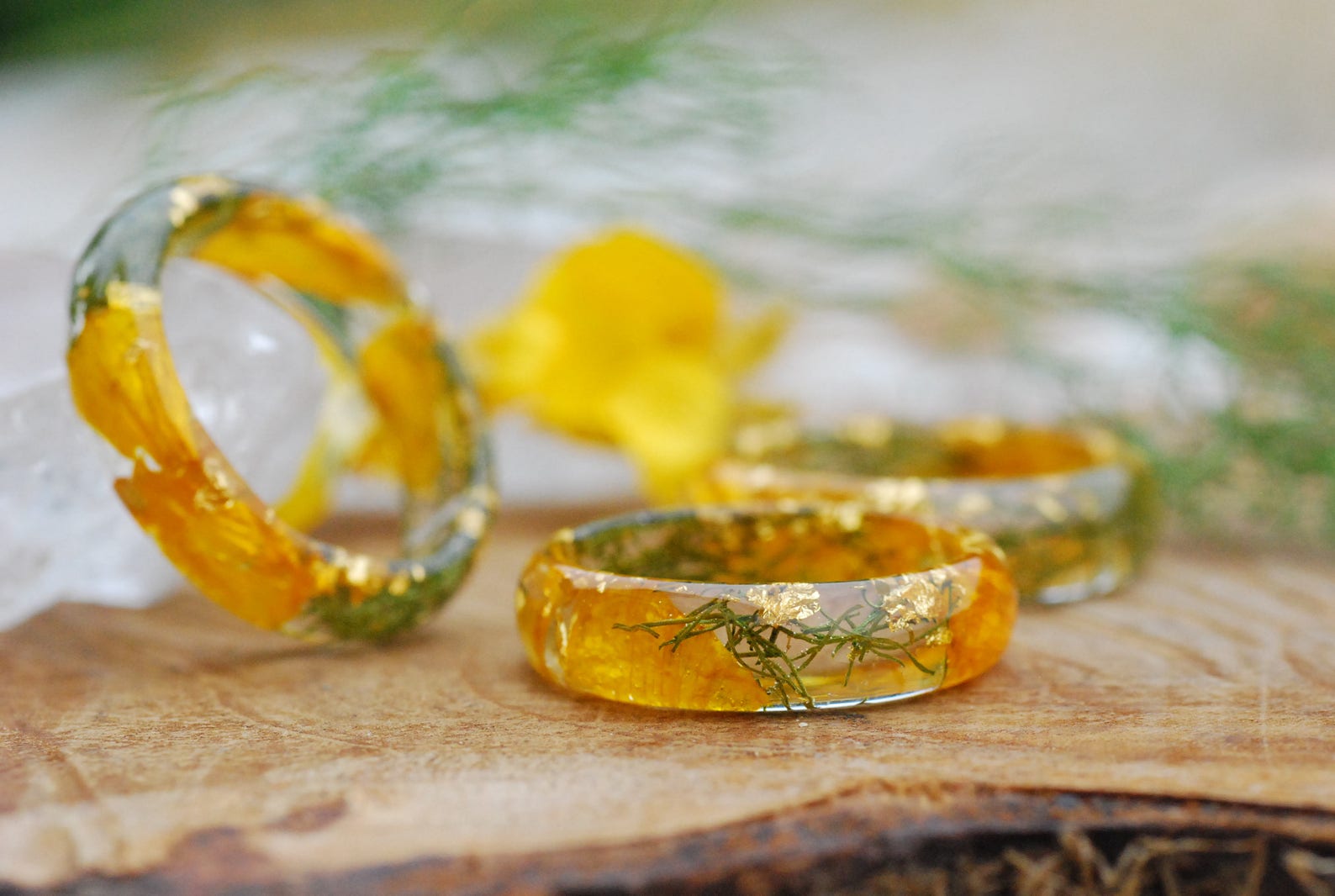 Pressed Flower Ring, Botanical Ring, Yellow Flower Ring, Green Plant ...