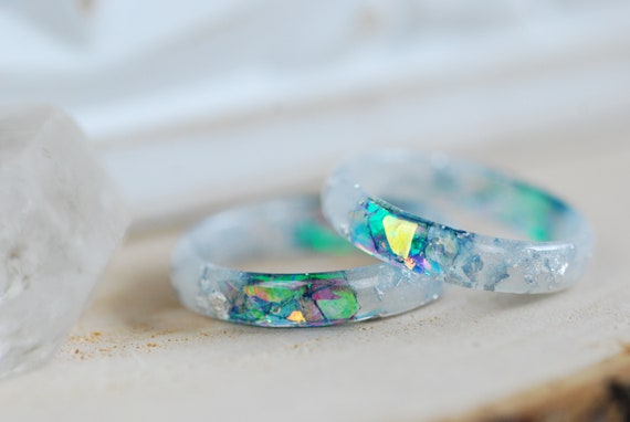 Thin Iridescent Ring for Women Rainbow Stacking Rings With Silver Flakes Celestial Resin Ring Slim Fairy Ring Unique Ring for Her Etsy