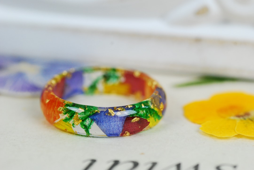 Colorful Resin Ring, Multicolored Flower Ring, Vibrant Ring, Pressed ...