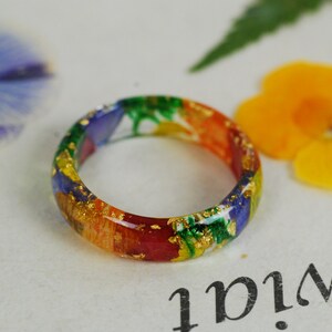 Colorful Resin Ring, Multicolored Flower Ring, Vibrant Ring, Pressed ...