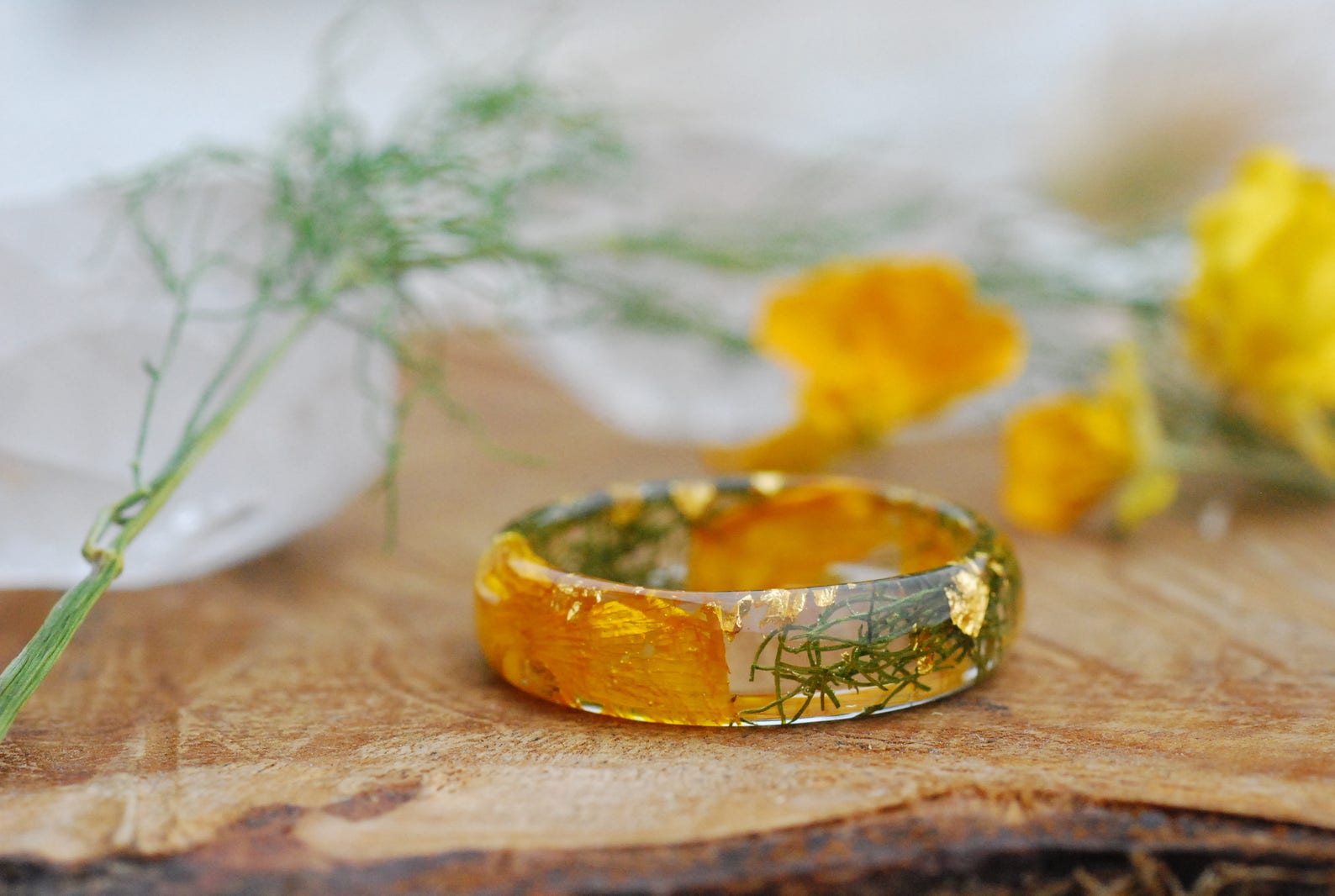 Pressed Flower Ring, Botanical Ring, Yellow Flower Ring, Green Plant ...