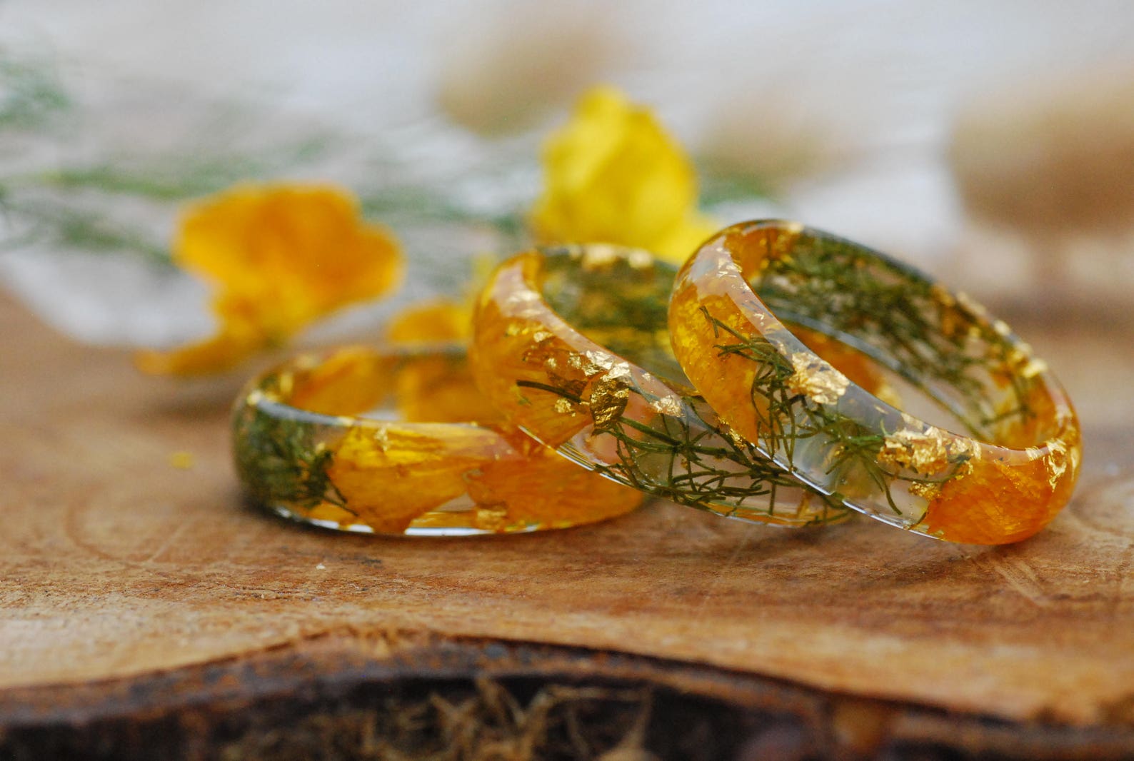 Pressed Flower Ring, Botanical Ring, Yellow Flower Ring, Green Plant ...