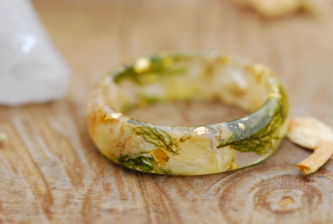 Jasmine Pressed Flower Ring With Gold Flakes, Cottagecore Floral Ring ...