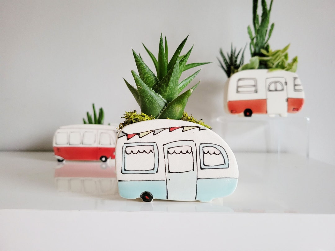 Small Turquoise Vintage Camper Planter. Perfect Cactus or Succulent ...