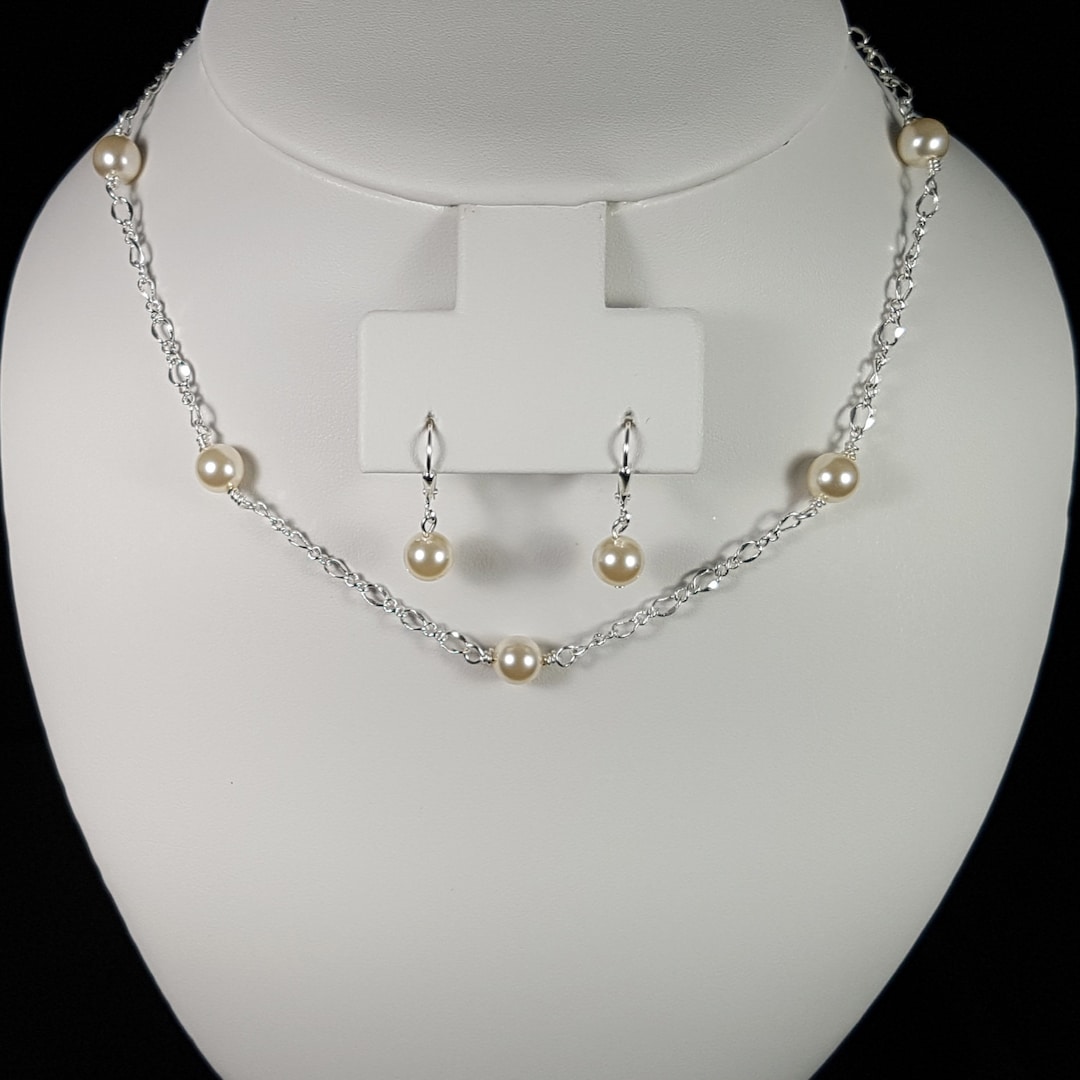 Swarovski Crystal Pearl Necklace Set, Pearl Necklace, Pearl and Silver ...