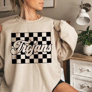 Trojans Checkered Retro Team Design, Vintage Team Apparel, Trojans ...