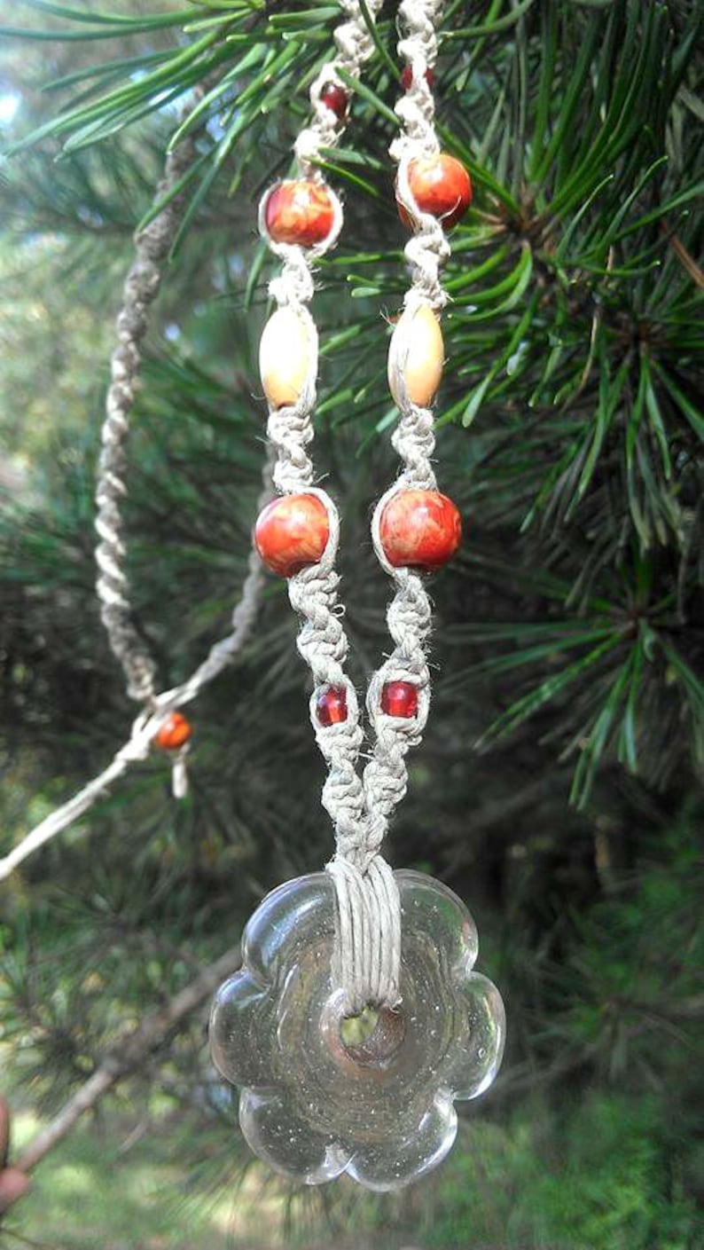 Long Heady Hemp Macrame Twist Necklace With Glass Flower Pendant and ...