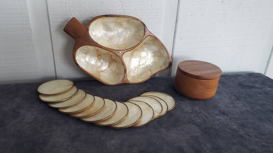 Capiz Shell Coasters and Monkey Pod Leaf 3 Compartment Trinket or Snack ...