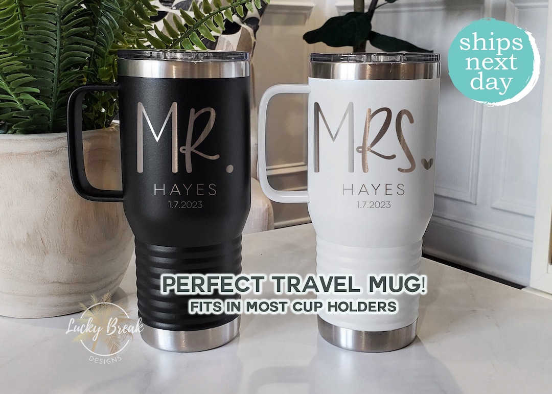 Mr. and Mrs. Travel Mug Tumbler W/ Handle Gift Set Personalized Bride ...