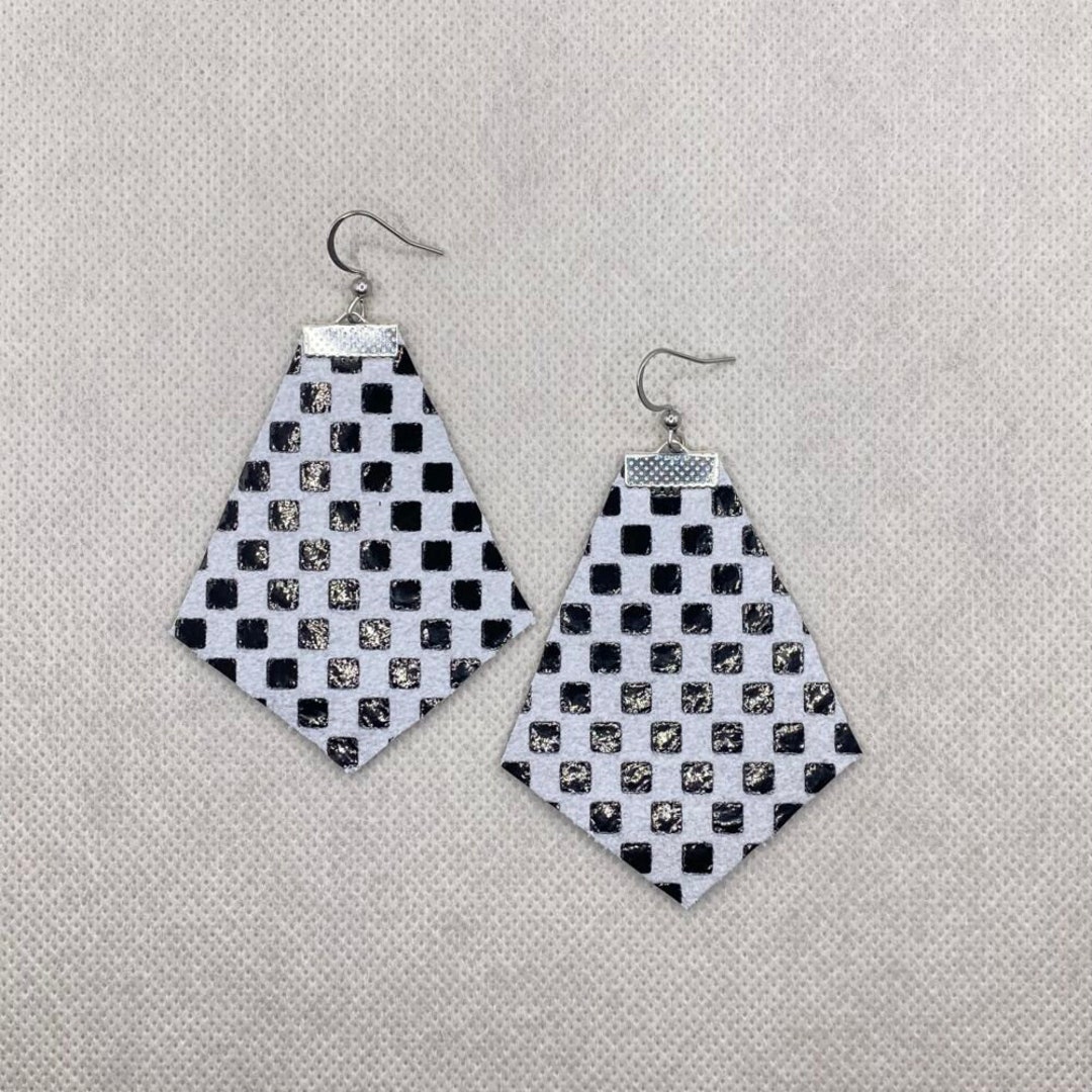 Black on Gray Checkerboard Leather Earrings, Checkerboard Accessories ...