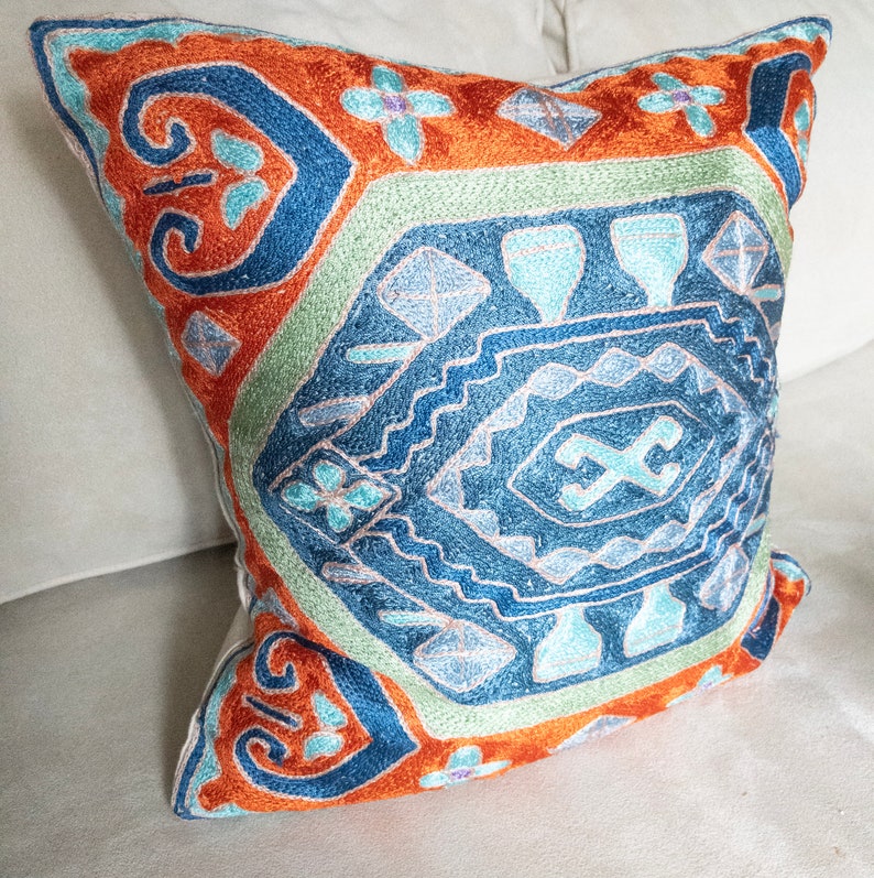 Designer Hand Embroidered Decorative Throw Pillow Hemp Cotton // Aztec ...