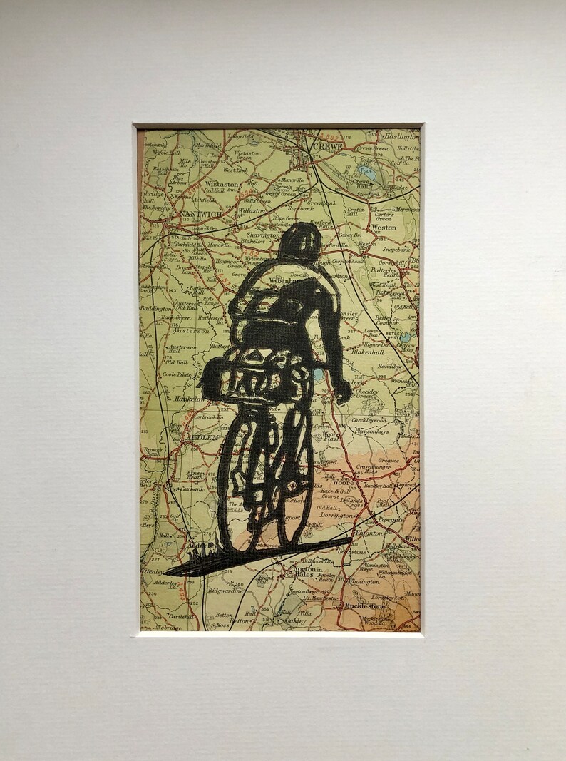 Cyclist Linocut Prints on Vintage Bartholomew’s Maps, Cheshire ...