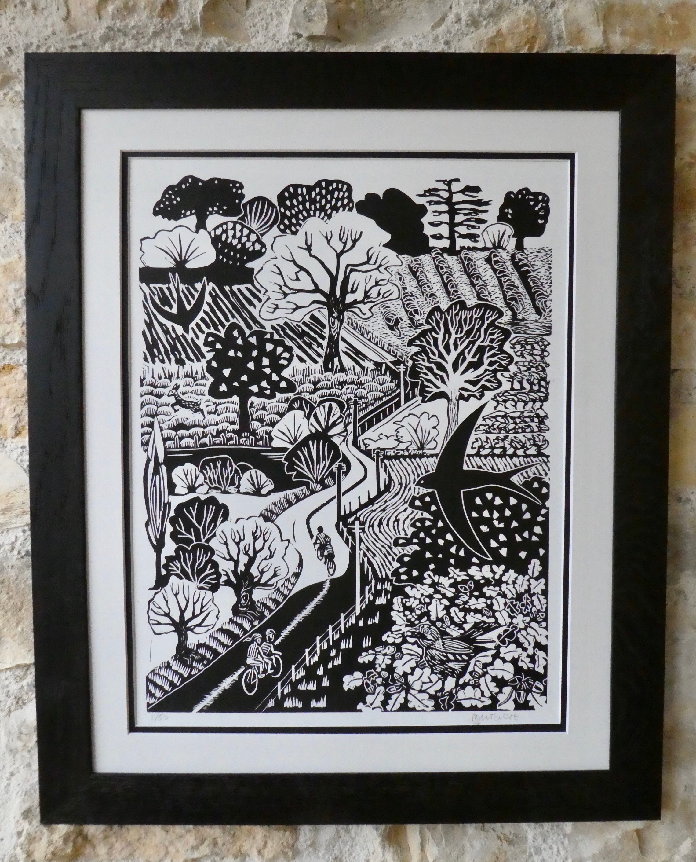 Tandems in a landscape. Original linocut print. Edition of 50. sold by ...