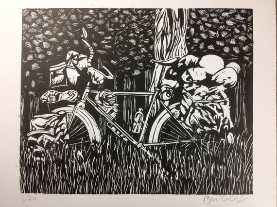Original Linocut 'loaded Touring Bike' . Edition of | Etsy