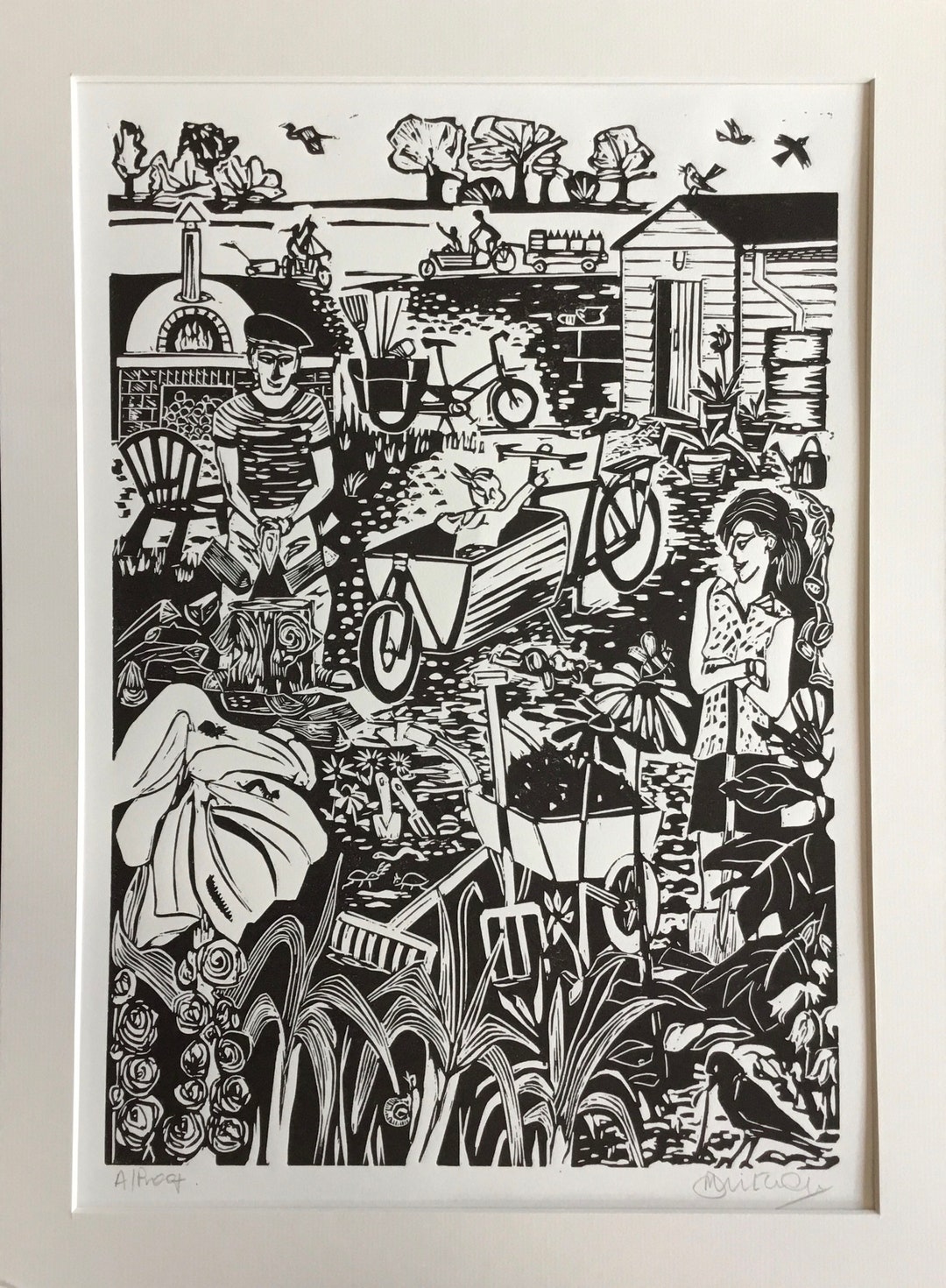 Original Linocut. Party at the Cargobike Community Garden. Edition of ...